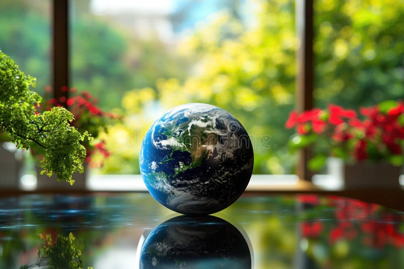 Globe on Reflective Surface with Vibrant Plants in a Bright Natural ...