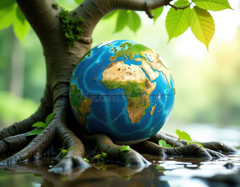 Globe Resting on Tree Roots Stock Illustration - Illustration of planet ...