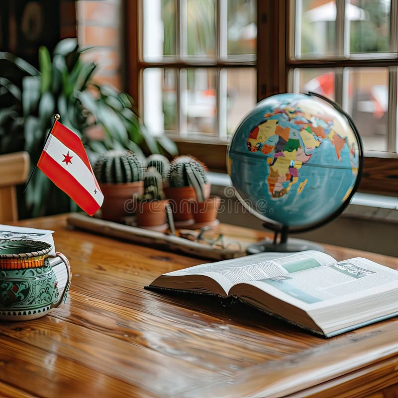 A Globe Rests on a Wooden Table Alongside an Open Book Stock Photo ...