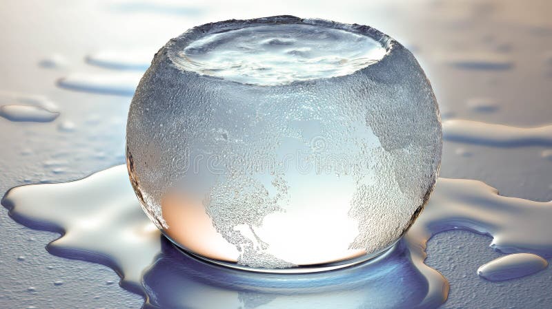 A Globe Shaped Ice Cube Slowly Melts on a Shiny Surface, Creating a ...