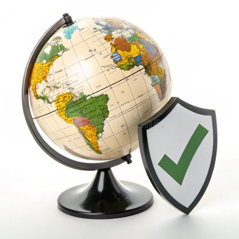 Globe and Shield with Green Check Isolated on White Background Stock ...