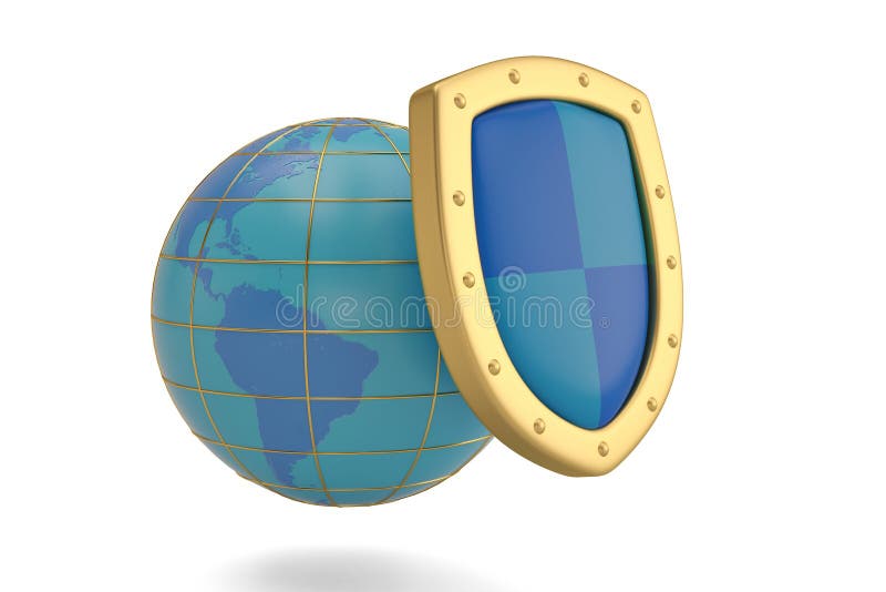 Globe and Shield on White Background.3D Illustration. Stock ...