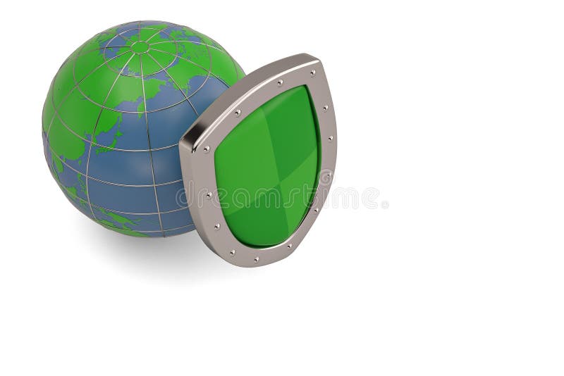 Globe and Shield on White Background.3D Illustration. Stock ...