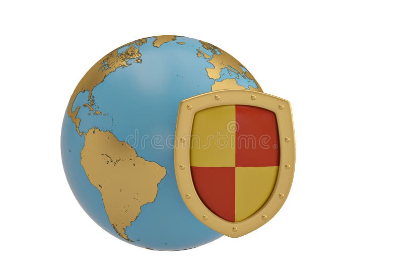 Globe And Shield On White Background.3D Illustration. Stock ...