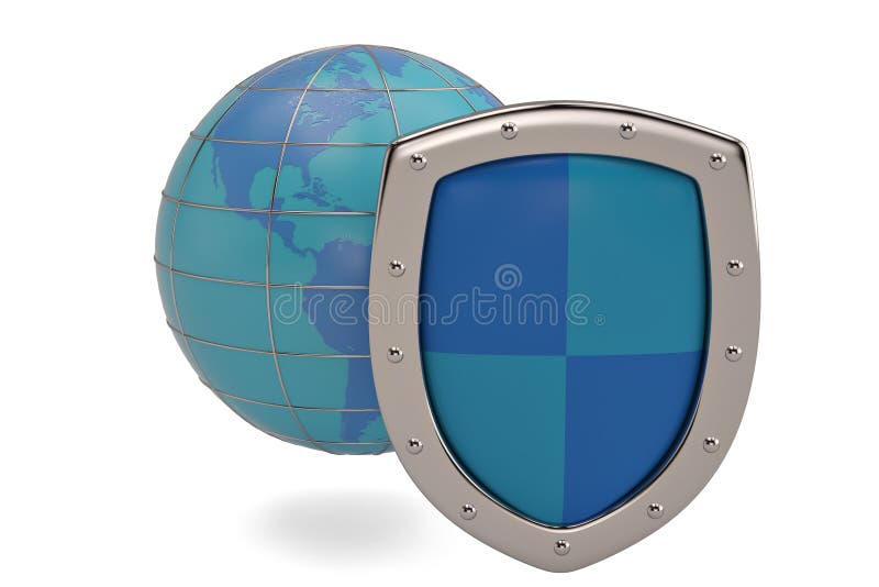 Globe and Shield on White Background.3D Illustration. Stock ...