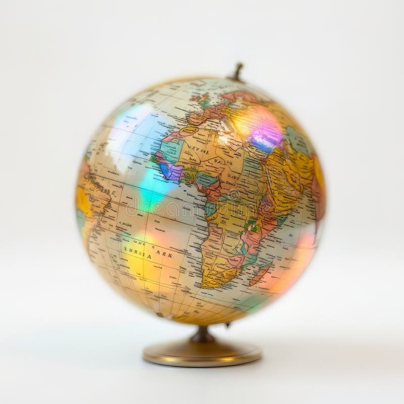 Globe Showing World Map with Rainbow Light Effects on a White Surface ...