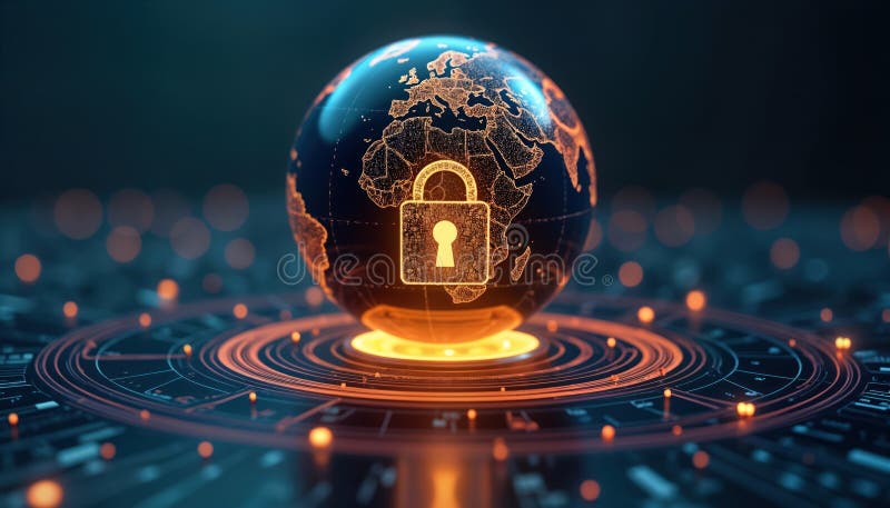 Globe Shows Global Digital Protection. Padlock on Earth Sphere. Tech ...