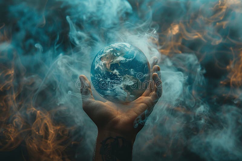 The Globe Shrouded in Smoke, Clouds in Human Palms on a Dark Background ...