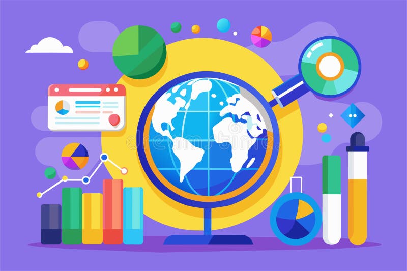 The Globe Sits Centrally with Various Charts and Magnifying Glass ...