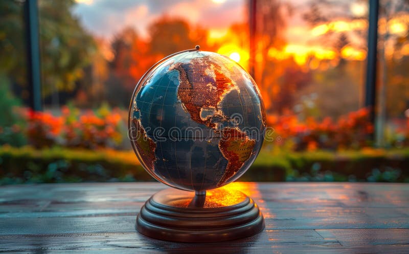 A Globe Sits on a Wooden Table with a View of the Sunset in the ...