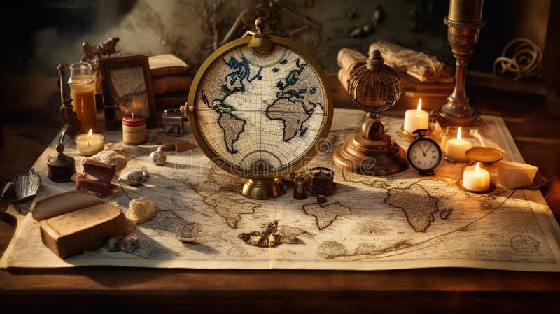 Globe Sitting Atop a Detailed Map, Illuminated by Lit Candles on Either ...