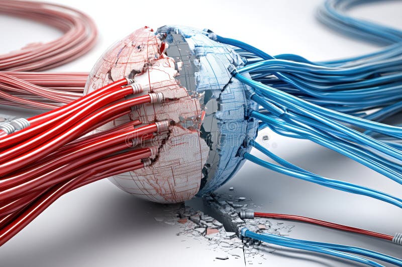 Globe Divided by Red and Blue Network Cables Representing Global Tech ...