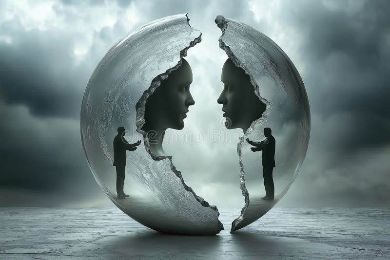 A Globe Splits in Two, Revealing Human Figures Symbolizing Isolation ...