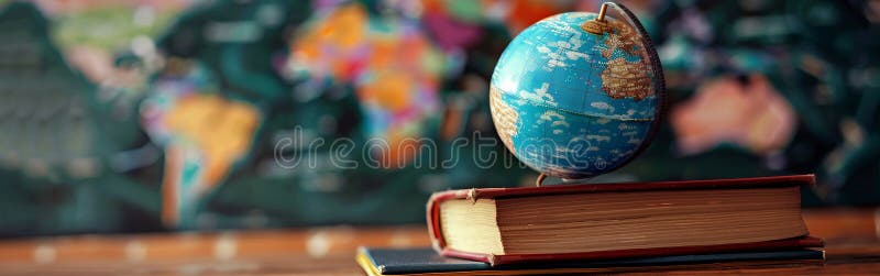 Globe on Stack of Books with World Map Background Stock Image - Image ...