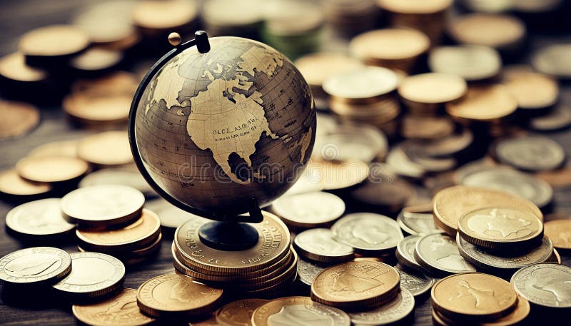 Globe and Stack with Coins. Money Makes the World Go Round Stock ...