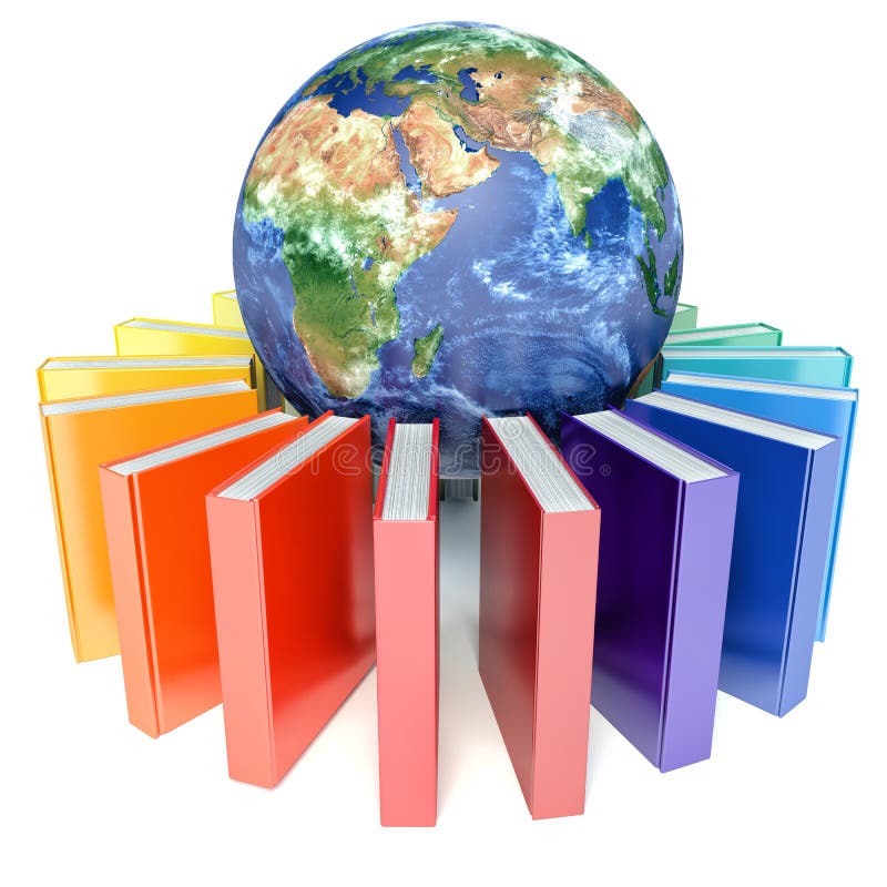 Globe with Stacks of Books. Isolated on White Stock Illustration ...