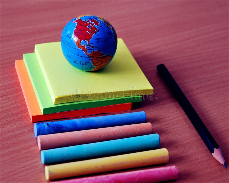 Globe, Stickers, Chalks and Pen Stock Image - Image of blank, desk ...