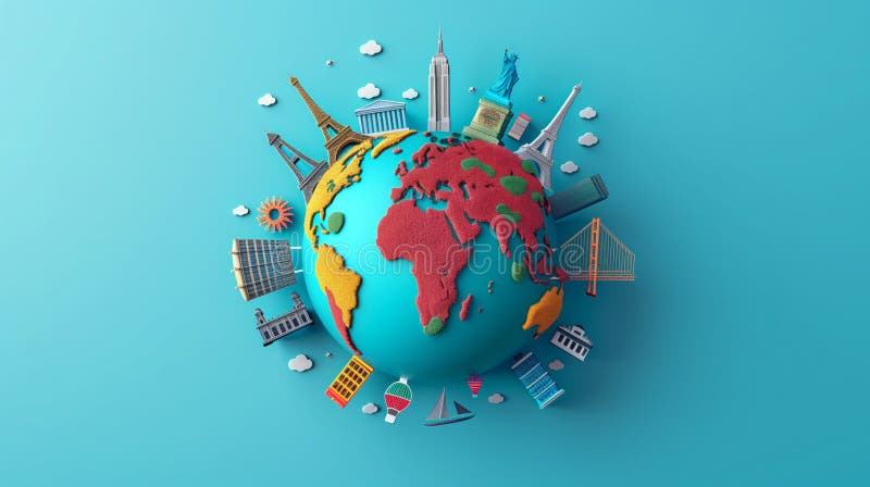A Globe Surrounded by Colorful Icons of World Landmarks Stock ...
