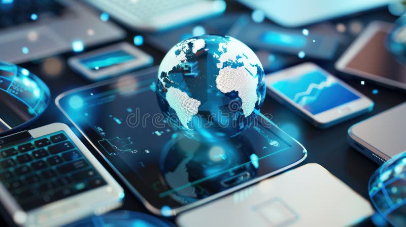 A Globe Surrounded by Digital Devices Like Laptops, Tablets, and ...