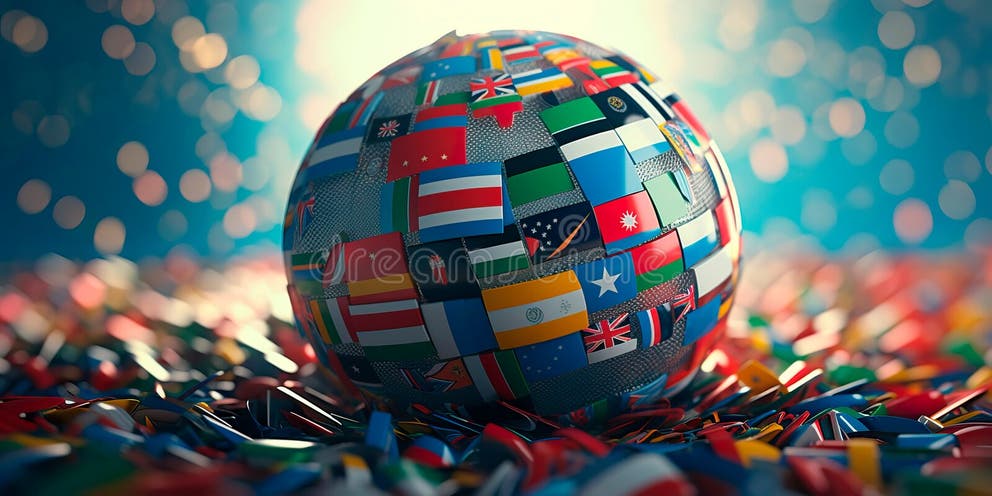 Globe Surrounded by Flags of Different Countries, Representing the ...