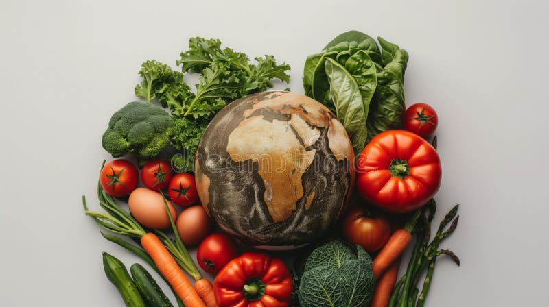 A Globe Surrounded by Fresh Vegetables on a White Background Stock ...