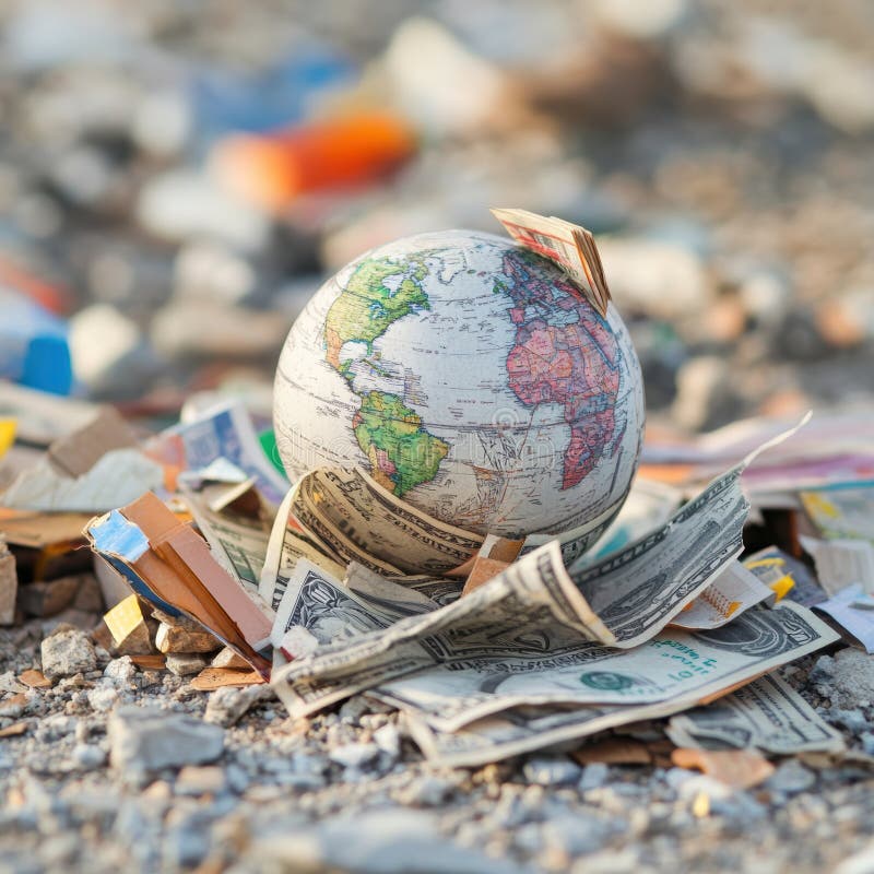 A Globe Surrounded by Money and Debris Symbolizes Environmental Issues ...
