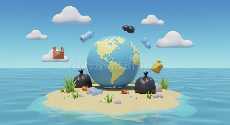 Globe Surrounded by Plastic Waste on Island Illustration for ...