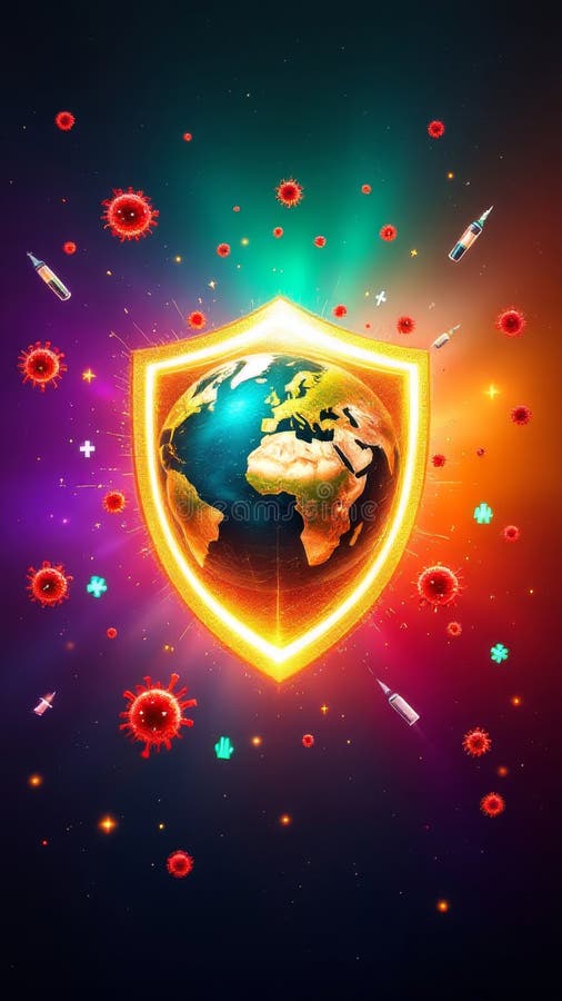 Globe Surrounded by Virus Particles with Protective Shield Stock Photo ...
