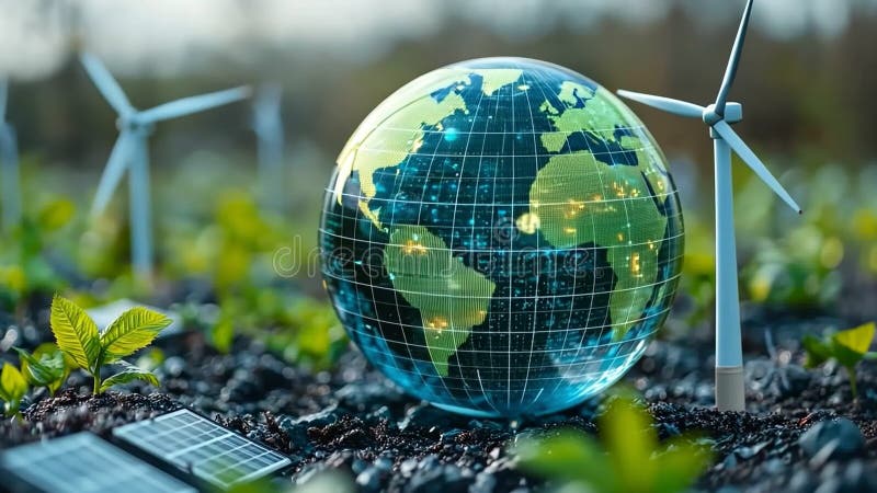 Globe Symbolizing Sustainability Renewable Energy from Wind and Solar ...
