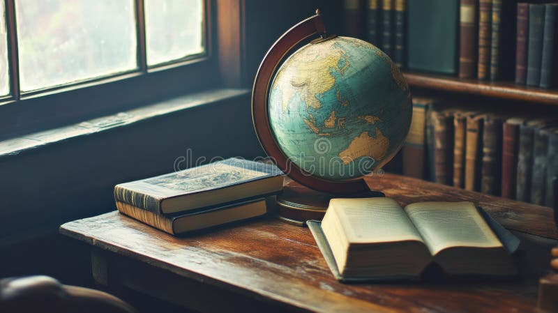 Globe and Textbooks on Wooden Table Representing Geography and ...