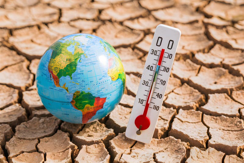 Globe with Thermometer on Cracked Earth Symbolizes High Temperature and ...