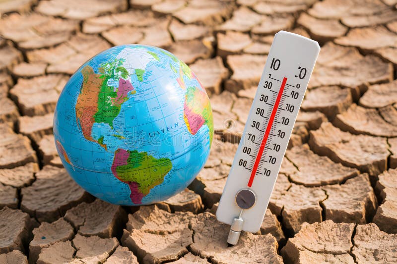 Globe with Thermometer on Cracked Earth Symbolizes High Temperature and ...
