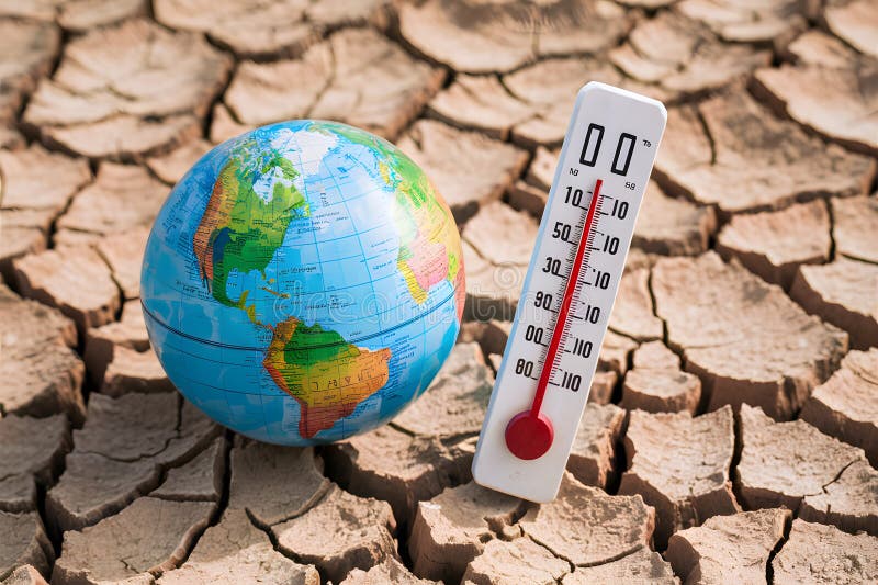 Globe with Thermometer on Cracked Earth Symbolizes High Temperature and ...