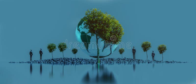A Globe with a Tree on it and People Around it Stock Illustration ...