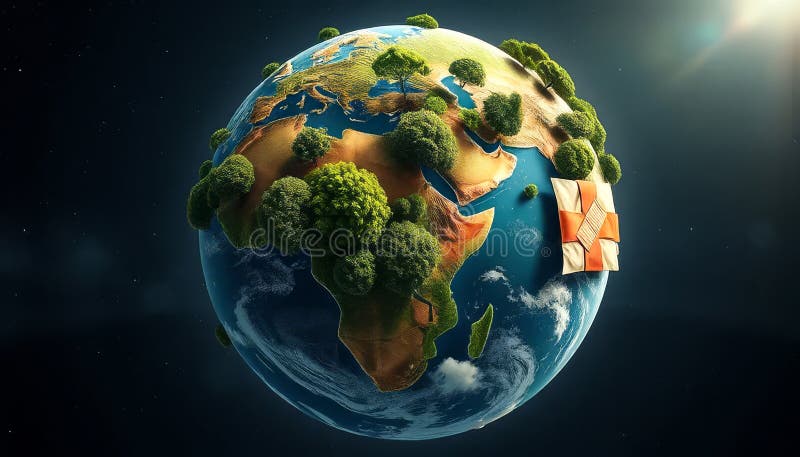 Globe with Trees on it and a Red and White Flag on it Stock Photo ...