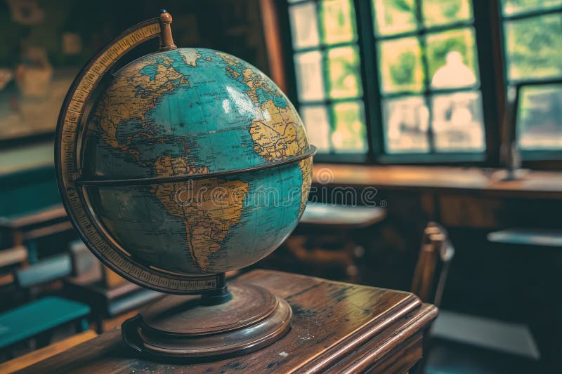 Globe on Wooden Desk in Virtual Classroom, Enhancing Geography Learning ...