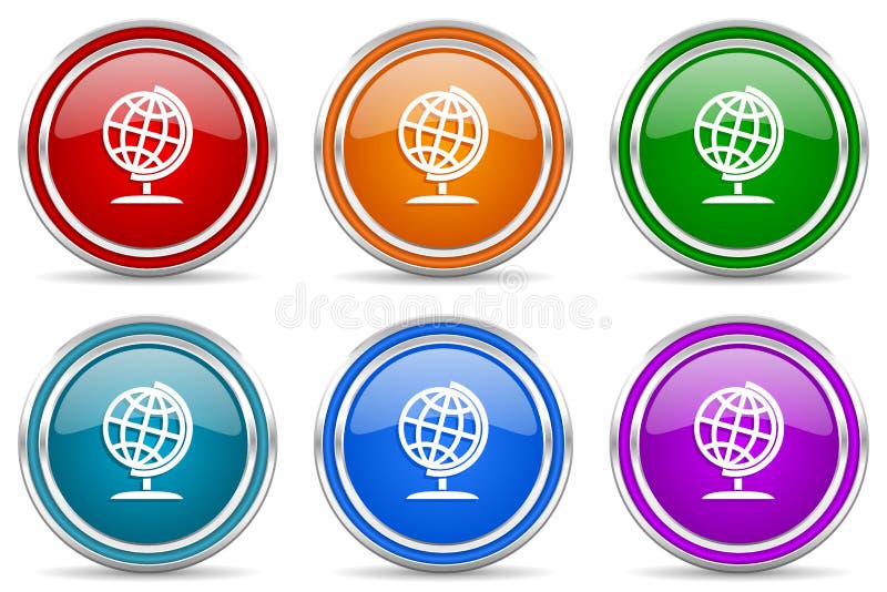Globe, World, Global, Map, Earth Silver Metallic Glossy Icons, Set of ...