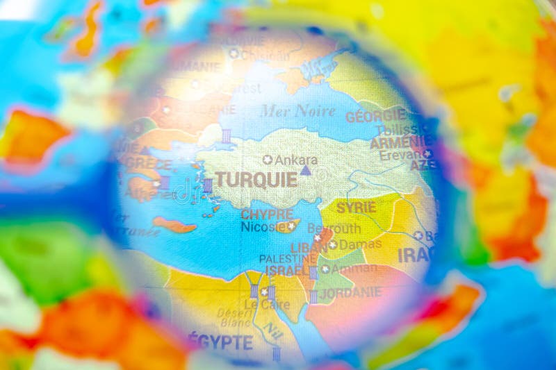 Globe with the World Map of Turkey Seen Under a Magnifying Glass. Stock ...
