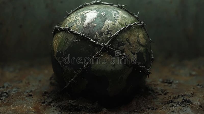 Globe Wrapped in Barbed Wire Depicting Global Conflict and ...