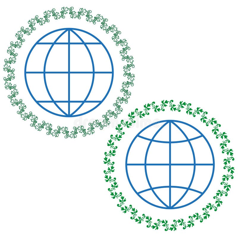 Globes with Leafy Wreaths. Vector Environmental Icons. Green and Blue ...