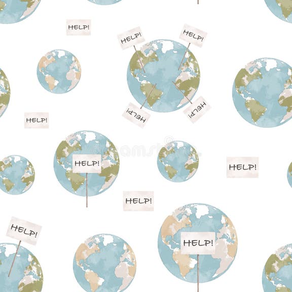 Save Planet Seamless Pattern. Planet Earth with Help Sign Hand Drawn ...