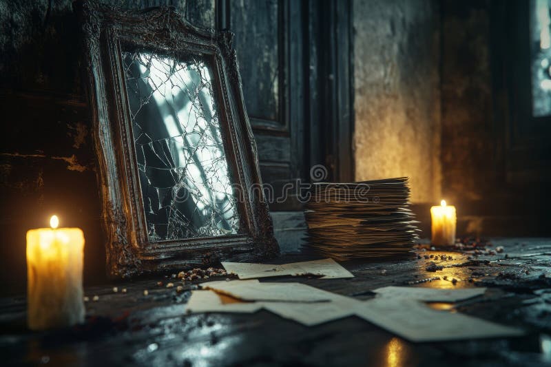 In the Gloom of the Room, a Broken Mirror, the Soft Glow of Candlelight ...