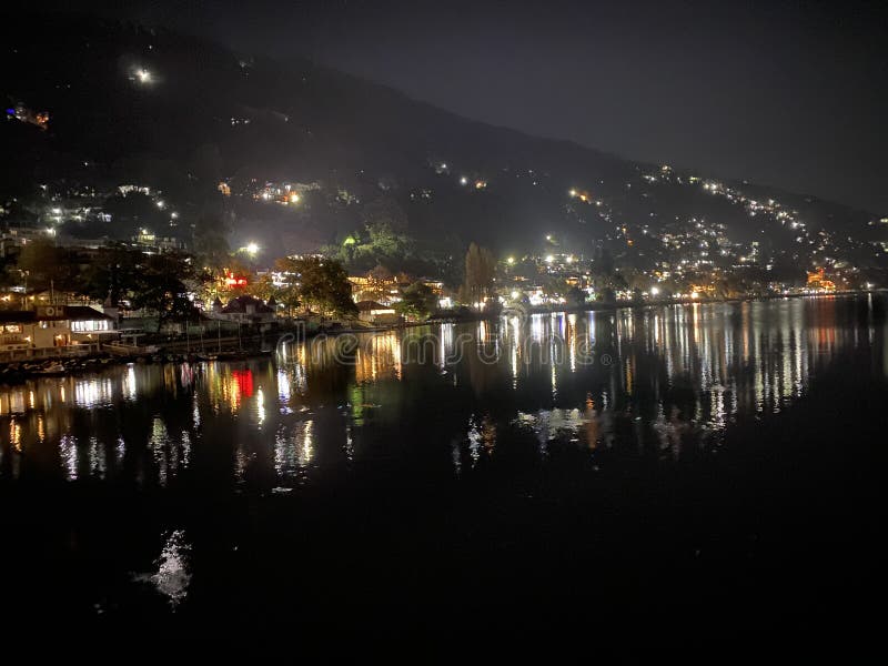 The Lake View with Lighting on the Bank at Night Stock Photo - Image of ...