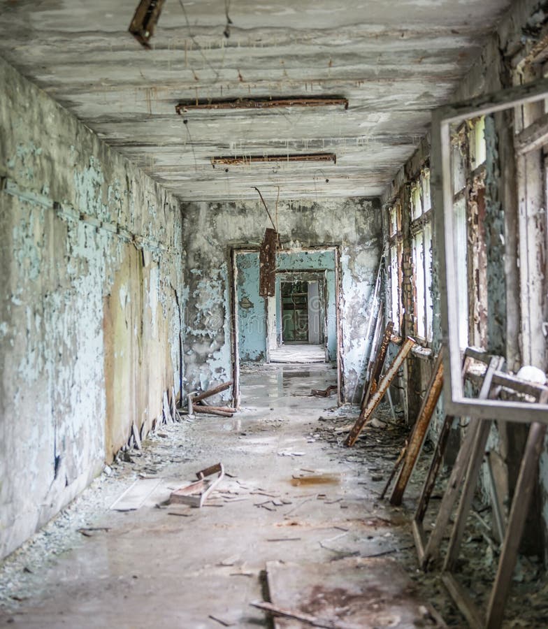 School Corridor with Debris and Broken Windows Stock Photo - Image of ...