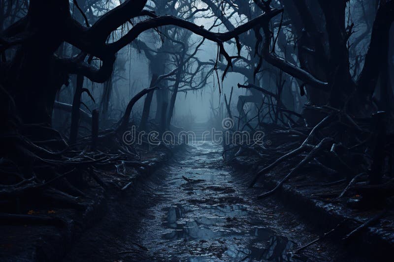Gloomy and Dark Forest Path in Thick Fog. Generated by Artificial ...