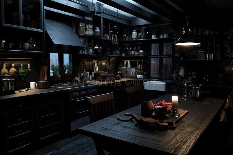 Gloomy Kitchen Dark Interior. Generate Ai Stock Illustration - Illustration of apartment, gloomy ...