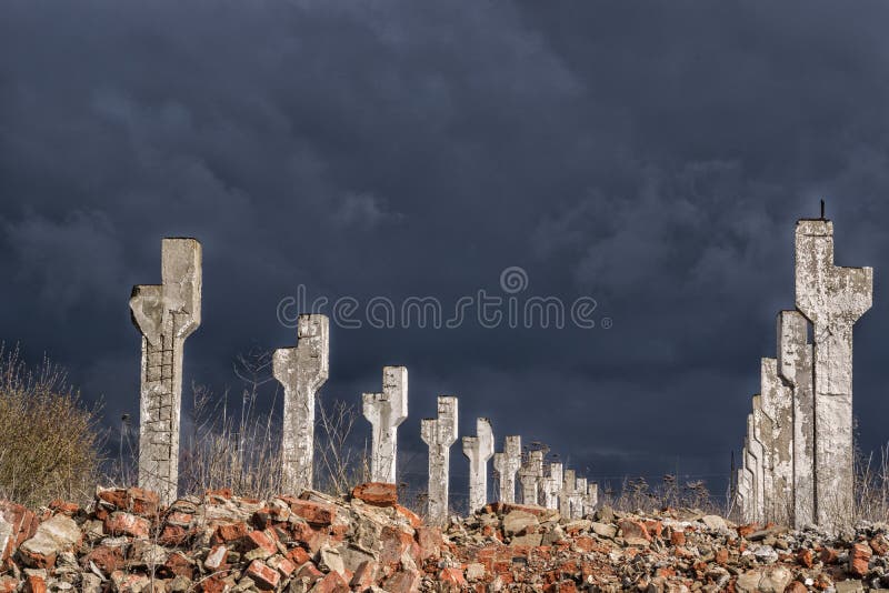 The Gloomy Landscape Abandoned Farm. Destroyed Concrete Structures and ...