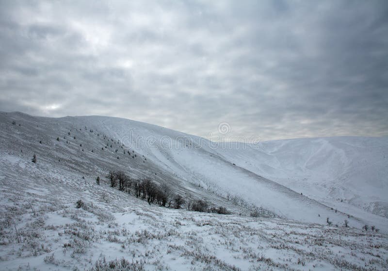 Gloomy Landscape in Winter Snow Mountains on Gray Sky Stock Photo ...