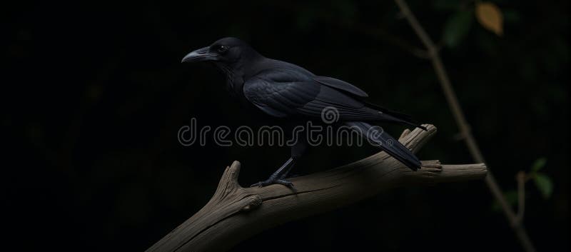 A Gloomy Raven Perched Somberly on a Bare Tree Limb Against a Backdrop ...