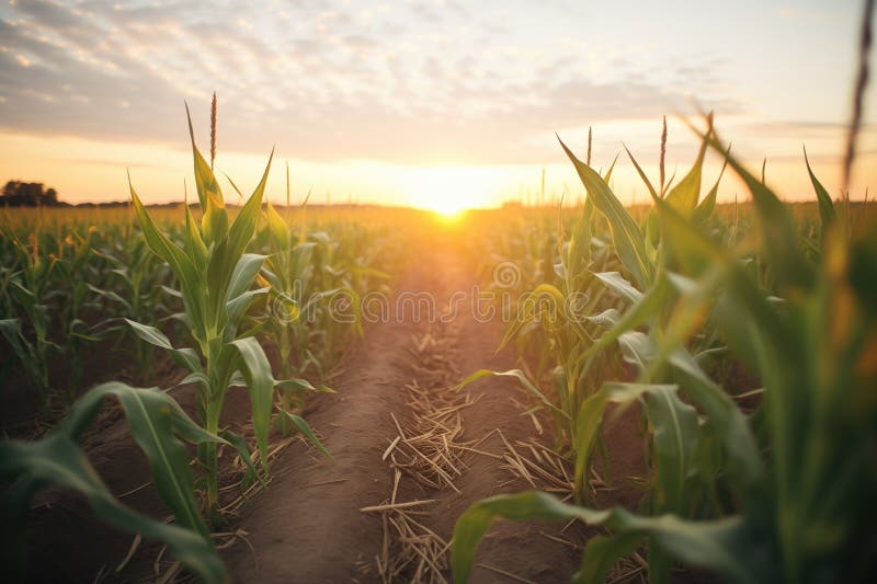 Gloomy Sunset Casting Long Shadows in Corn Rows Stock Photo - Image of ...